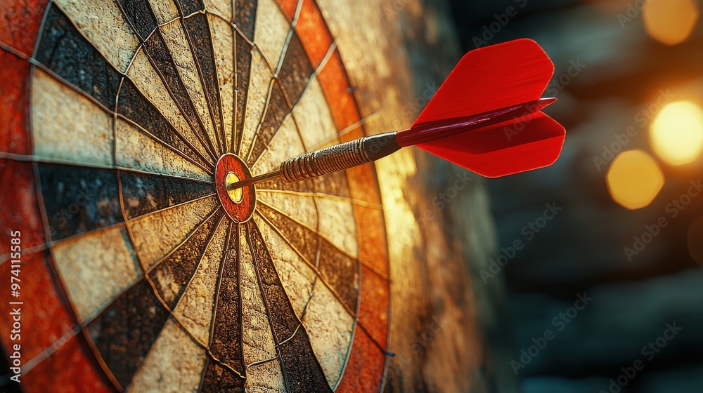 Dart with vibrant red fletching lodged in the bullseye, worn and ...