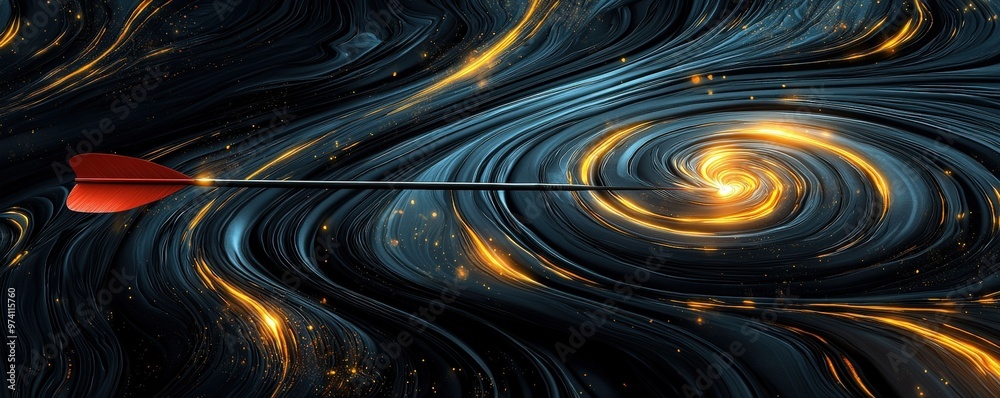 Dart perfectly striking the bullseye, textured target rings visible ...