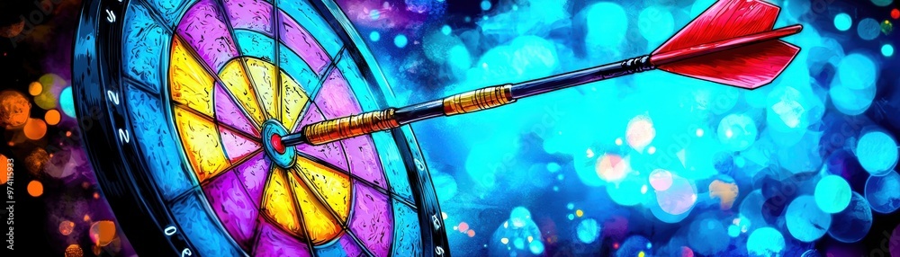 Dart perfectly embedded in the bullseye, textured rings softly fading ...