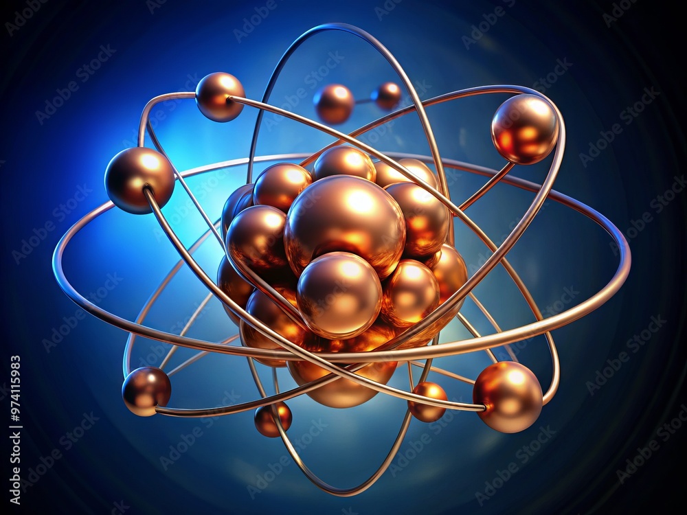 Copper atom illustration with protons, neutrons, and electrons orbiting ...
