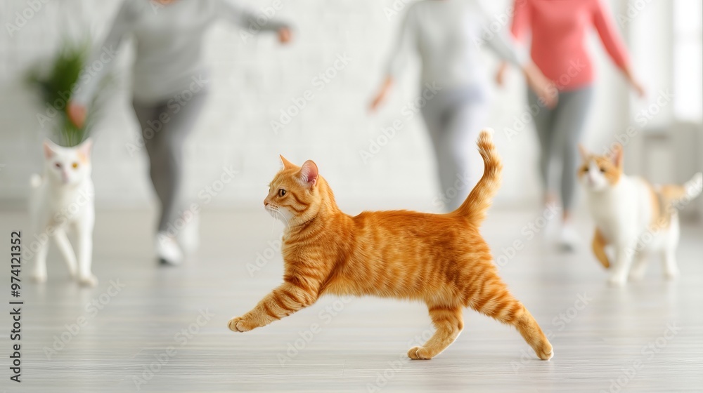 Feline Fitness Leader, Orange tabby cat confidently walking ahead ...
