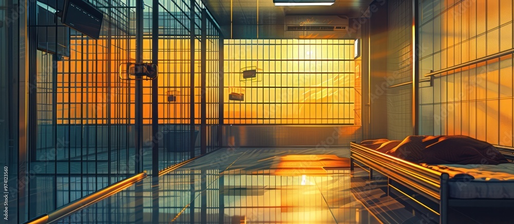 Warm orange toned lighting filters through the metal bars of a stark ...