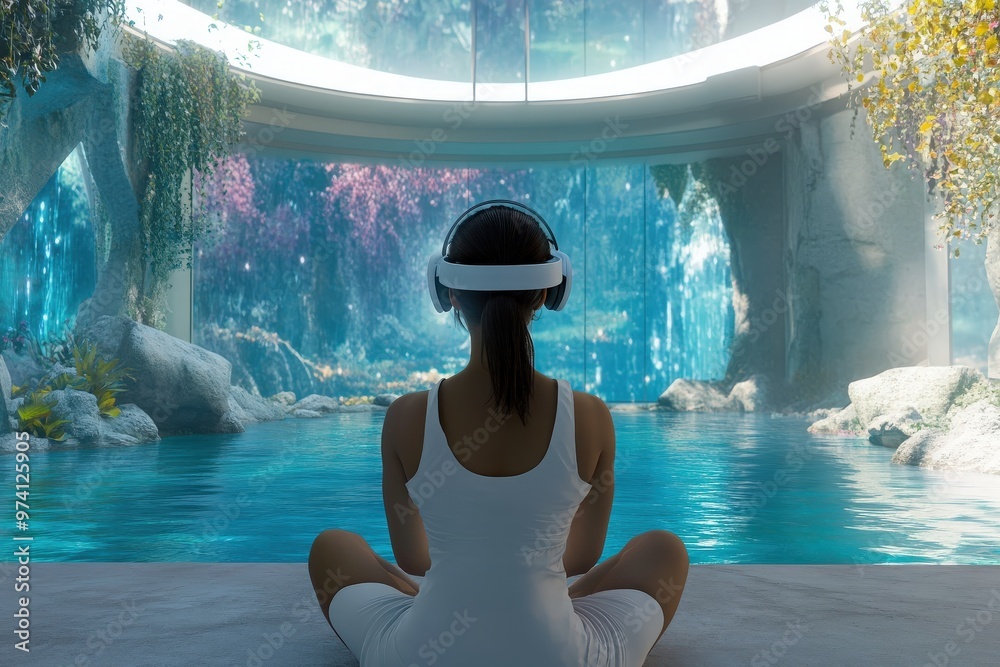 Virtual reality environment designed for mental wellness. Show a user ...