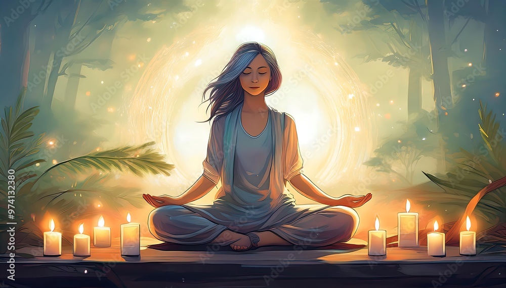 Tranquil guided meditation scene with a serene woman meditating beside ...