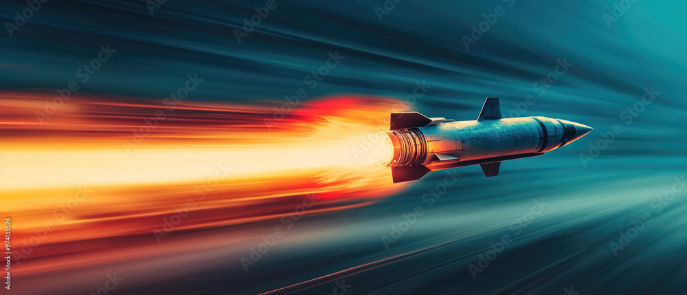 A rocket is flying through space with a bright orange tail. The rocket ...
