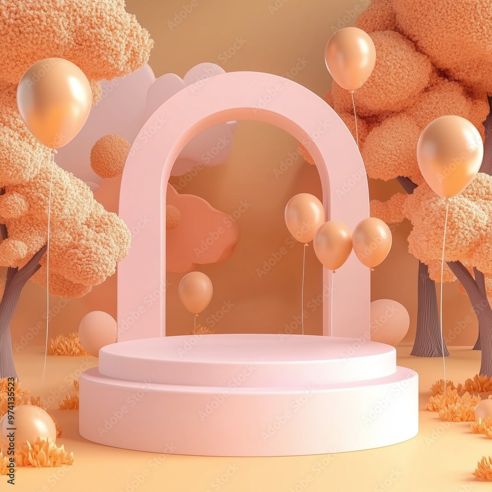 Autumnal Product Podium: A pastel pink stage set amidst fluffy orange ...