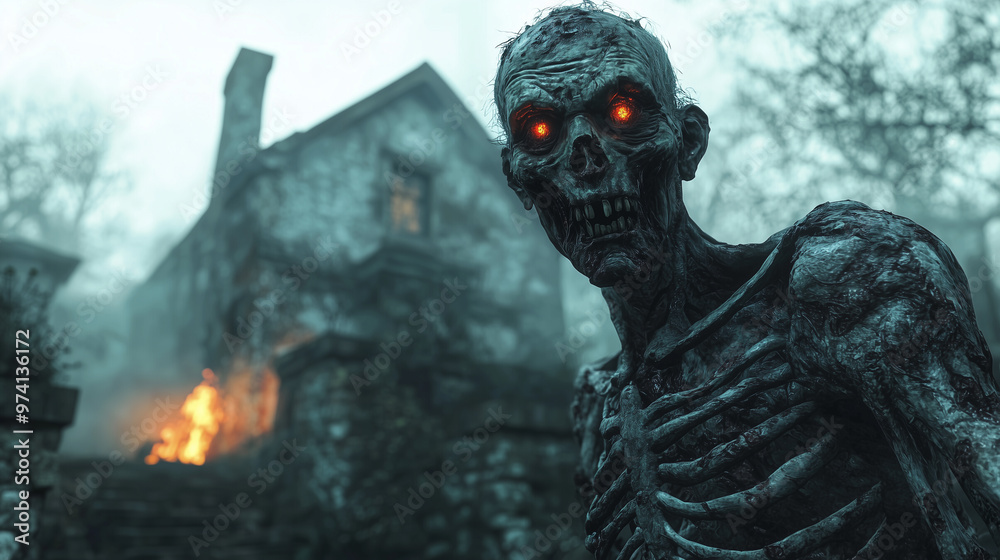 A horrifying, decayed zombie with glowing orange eyes lurks in front of ...