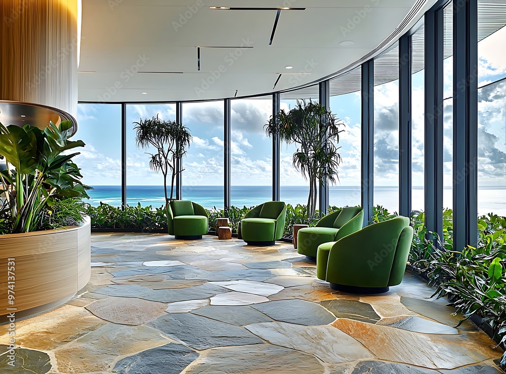 Contemporary Australian lobby with sandstone floor, green seating, and ...