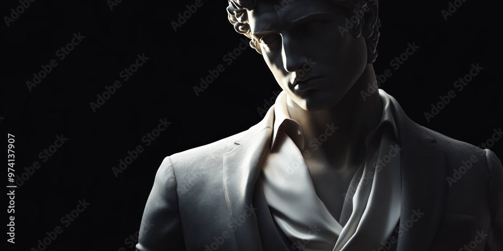 A detailed statue of a sophisticated man in a formal suit is captured ...
