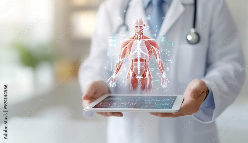 medical hologram shows the human body with an anatomy chart floating ...