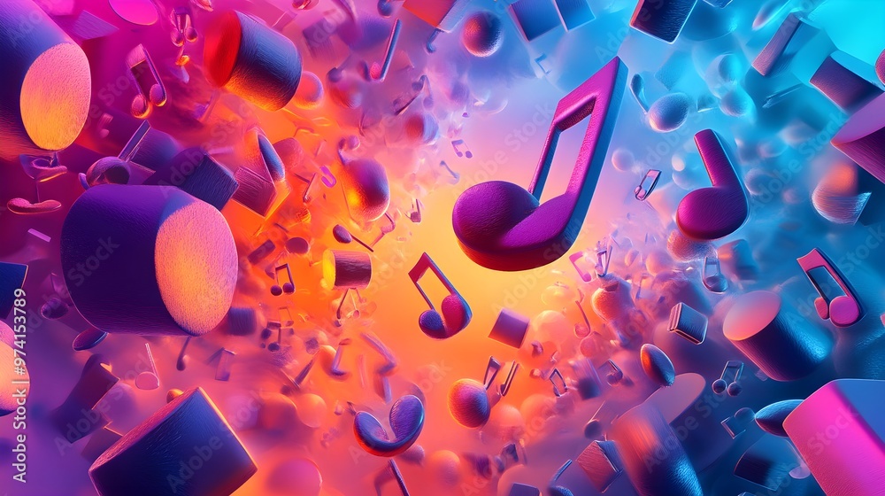 Artistic 3D shapes interspersed with musical symbols, such as treble ...