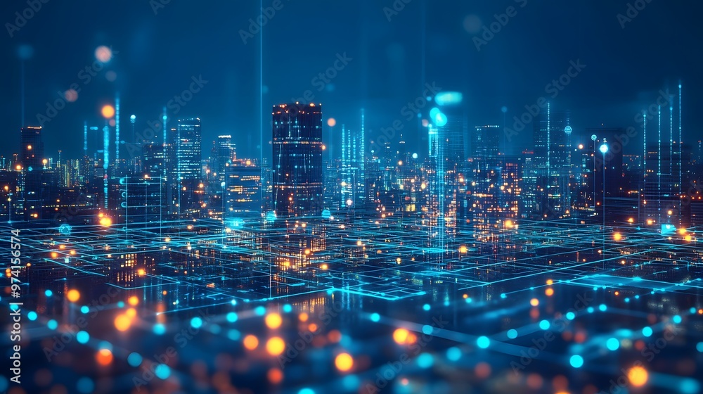 A high-tech urban skyline illuminated by the glow of IoT-connected ...