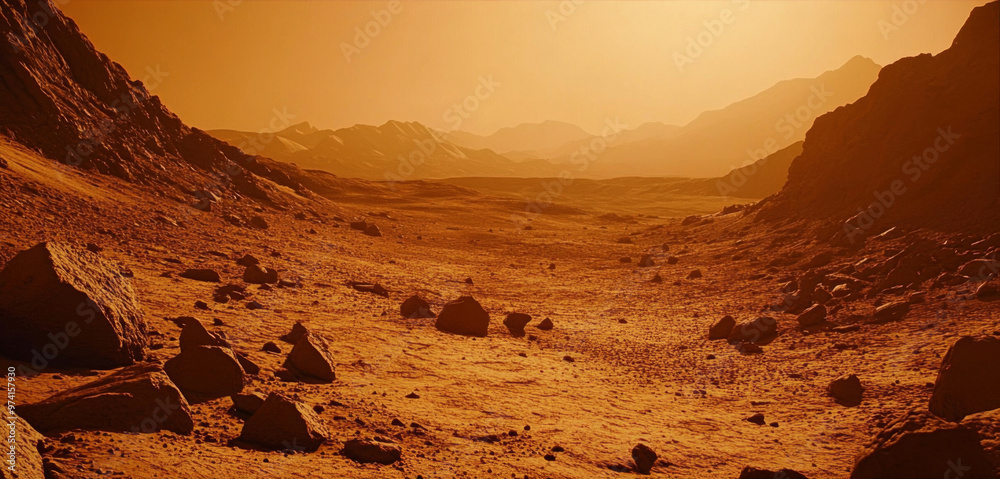 The red planet, Mars, is vast and barren, with a landscape of rocks and ...