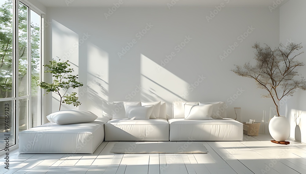 In the simple white indoor space, sunlight shines on the ground through ...