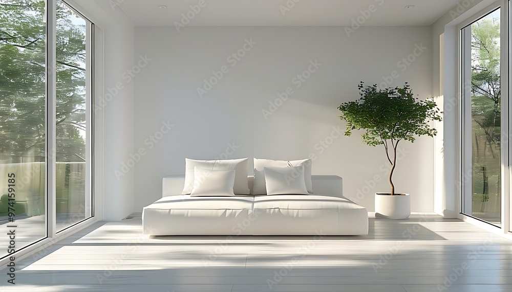 In the simple white indoor space, sunlight shines on the ground through ...