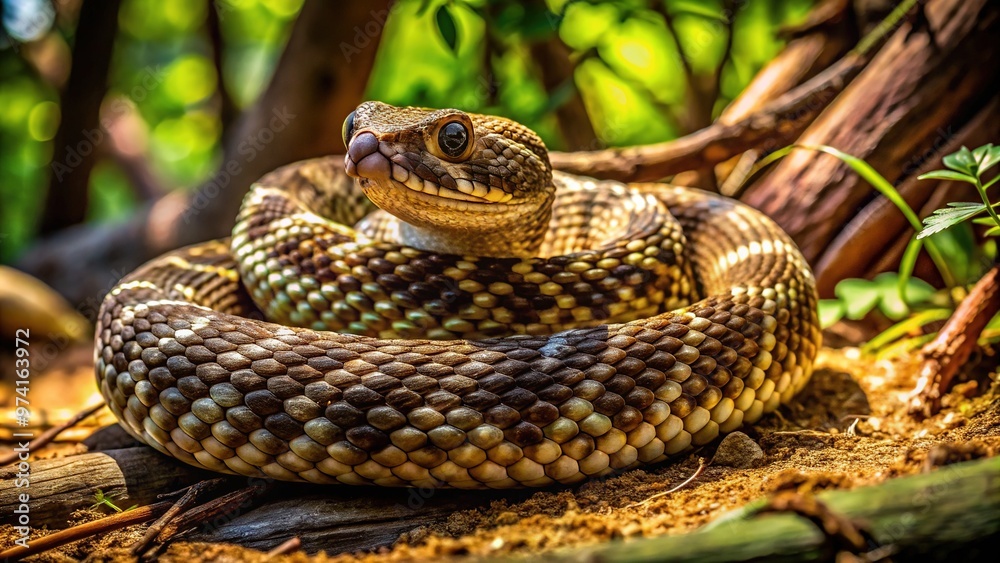 A venomous pit viper, Crotalus ravus, coiled defensively in a rustic ...