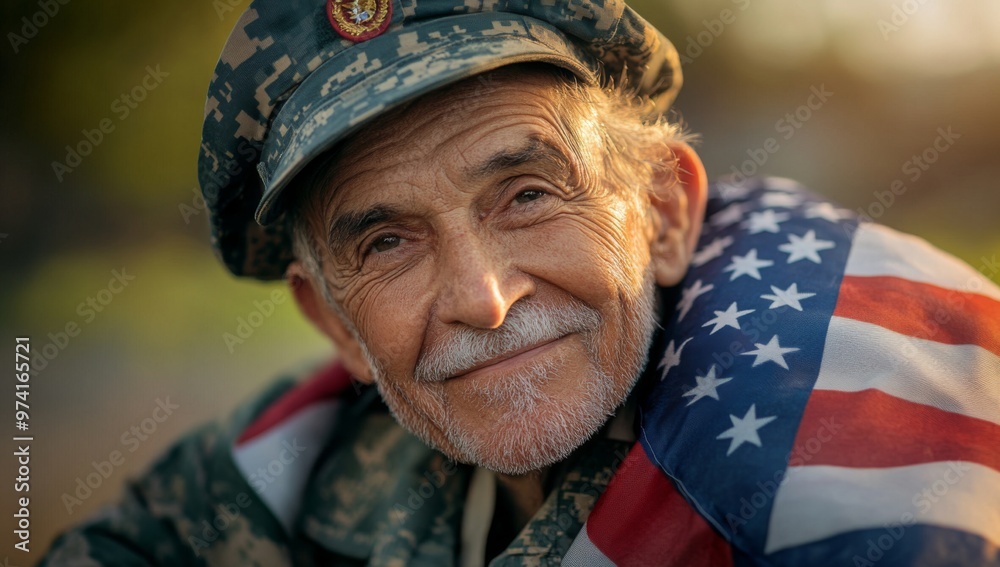 close-up portrait of elderly man war veteran with American flag on his ...