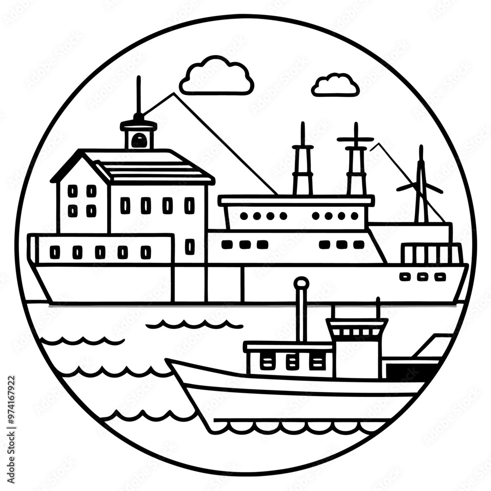 seaport outline coloring book page line art drawing Stock Vector ...