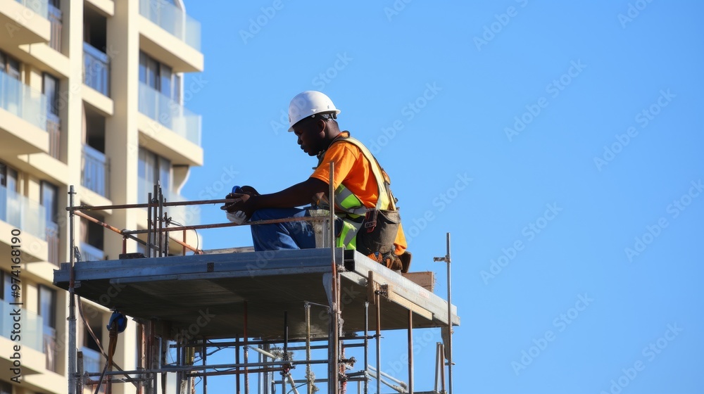 Construction worker ascending a ladder safety and skill in action on ...