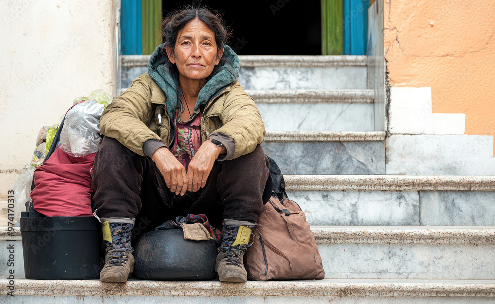 Homeless woman sitting with her belongings on the steps of an old ...