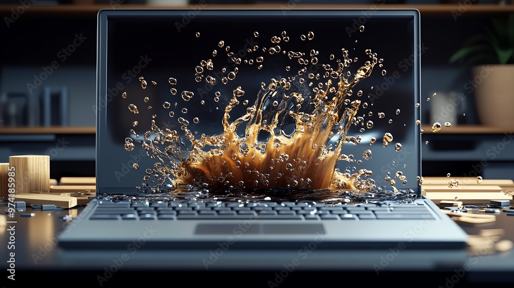 Computer keyboard drenched in coffee with a laptop screen reflecting ...