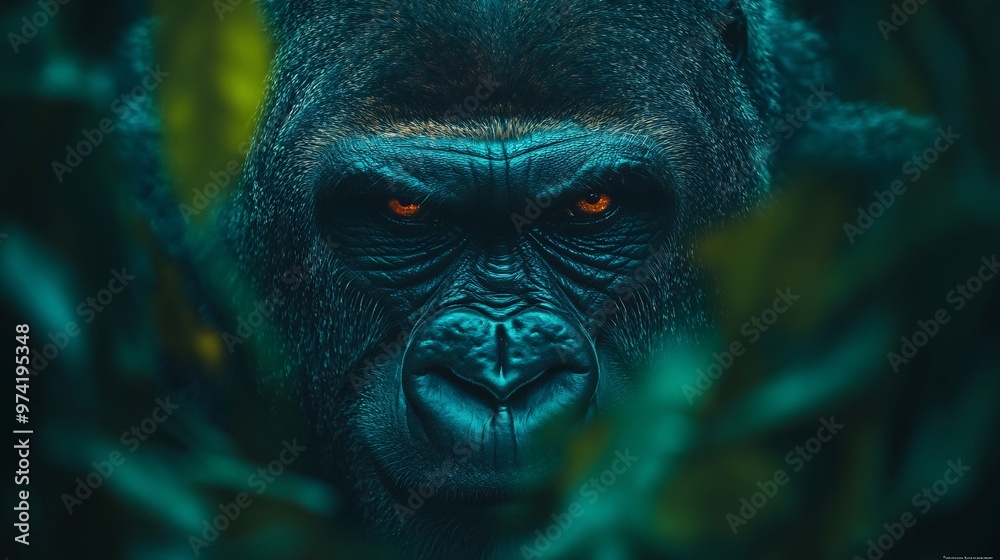 Gorilla sitting in the dense rainforest, intense gaze straight into the ...