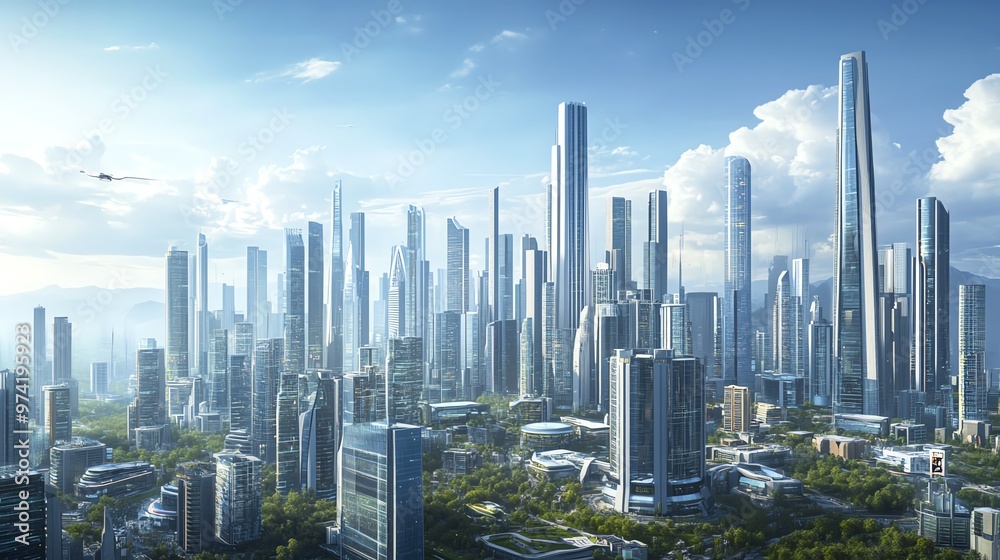 Design a futuristic cityscape with towering skyscrapers and sleek ...