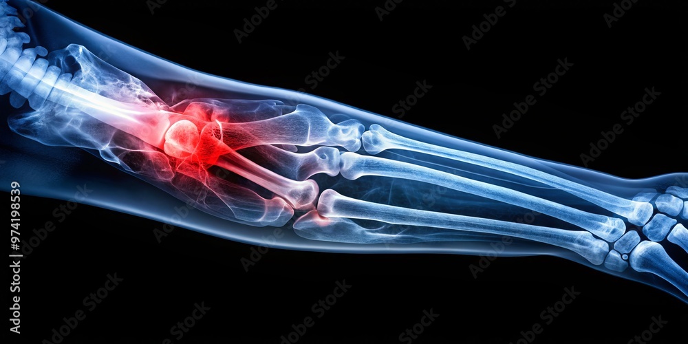High-contrast X-ray image of a severely fractured arm, showing multiple ...