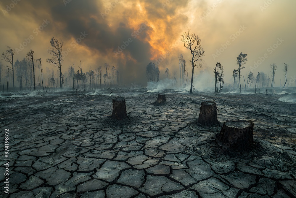 Devastating forest fire aftermath: scorched earth and tree stumps under ...