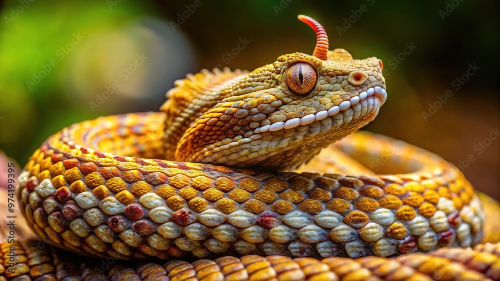 A venomous rhino viper snake, also known as Bitis nasicornis, is coiled ...