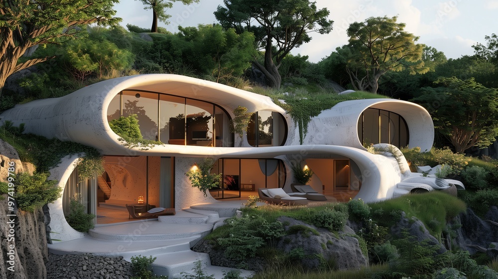 Striking organic house embedded into hilly terrain, modernist ...