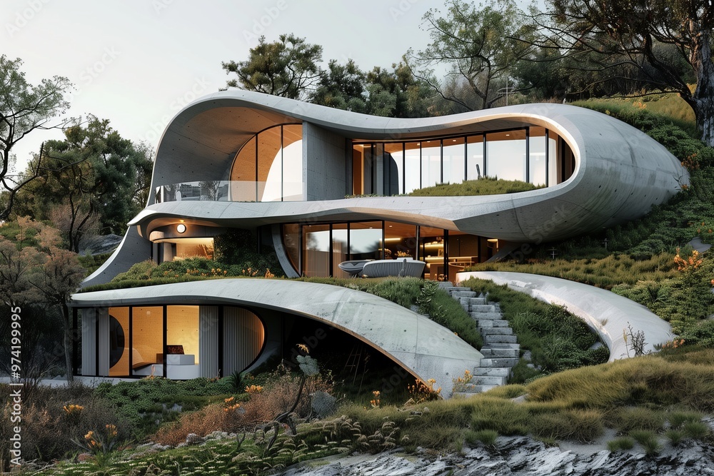 Striking organic house embedded into hilly terrain, modernist ...