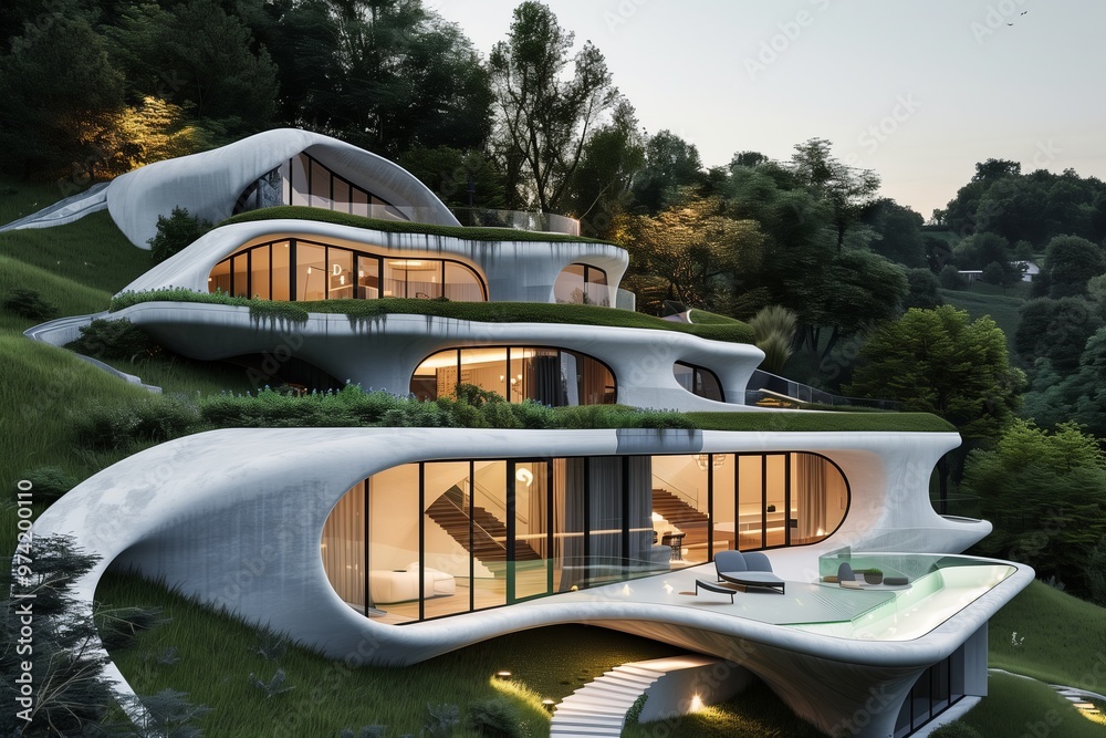 Striking organic house embedded into hilly terrain, modernist ...