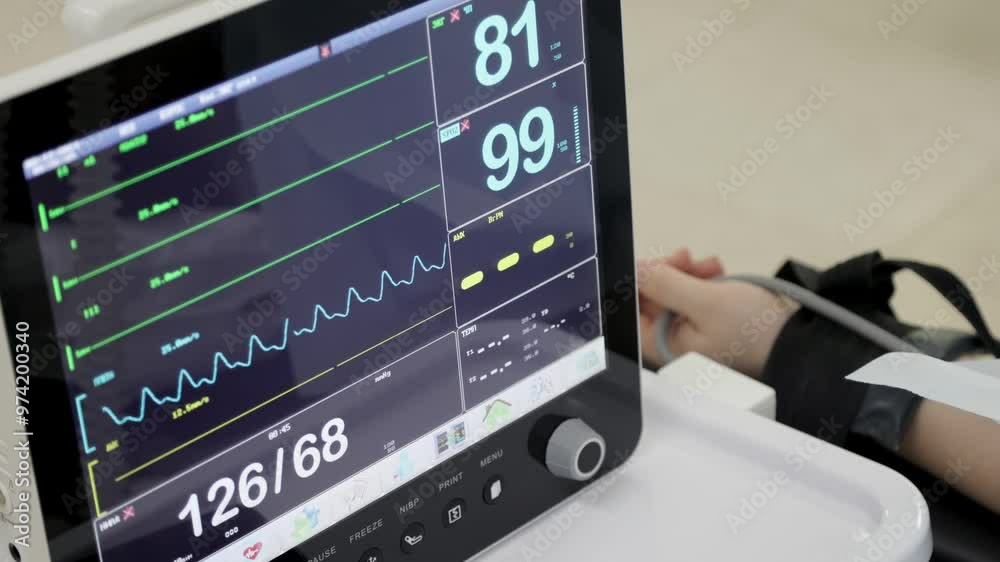 Close-up of a patient monitor displaying oxygen saturation levels, with ...