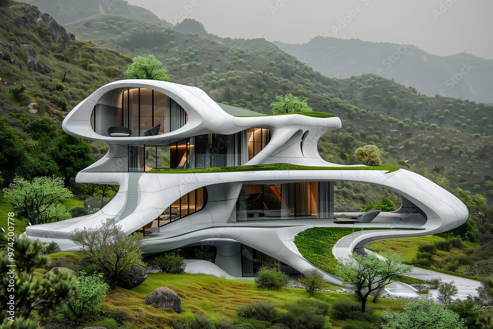 Striking organic house embedded into hilly terrain, modernist ...