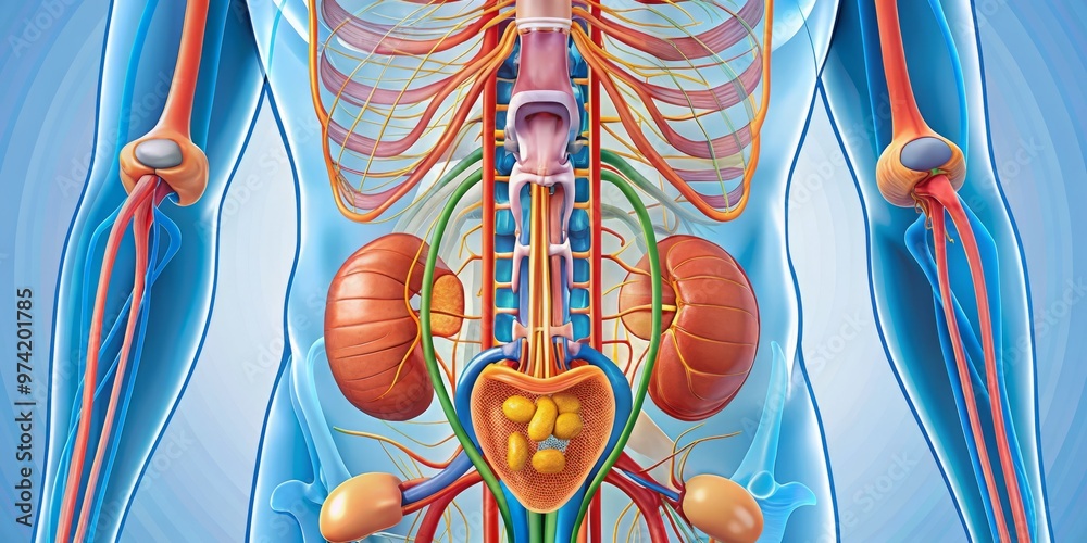 Illustrated anatomical diagram depicting the human urinary system ...