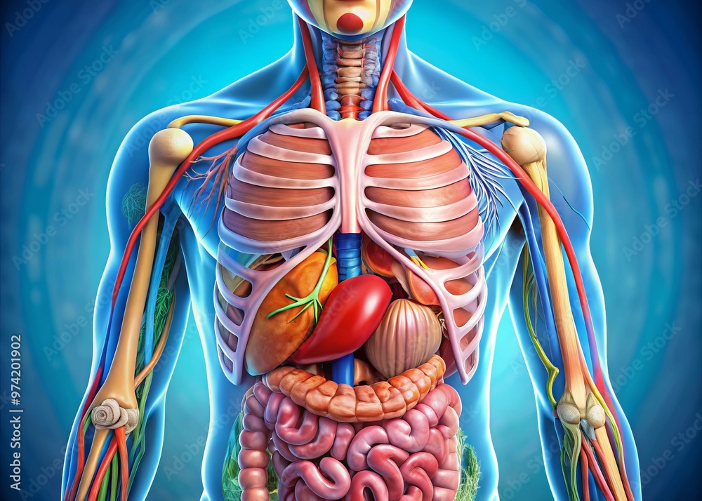 Illustrated anatomy diagram showcasing the human body's internal organs ...