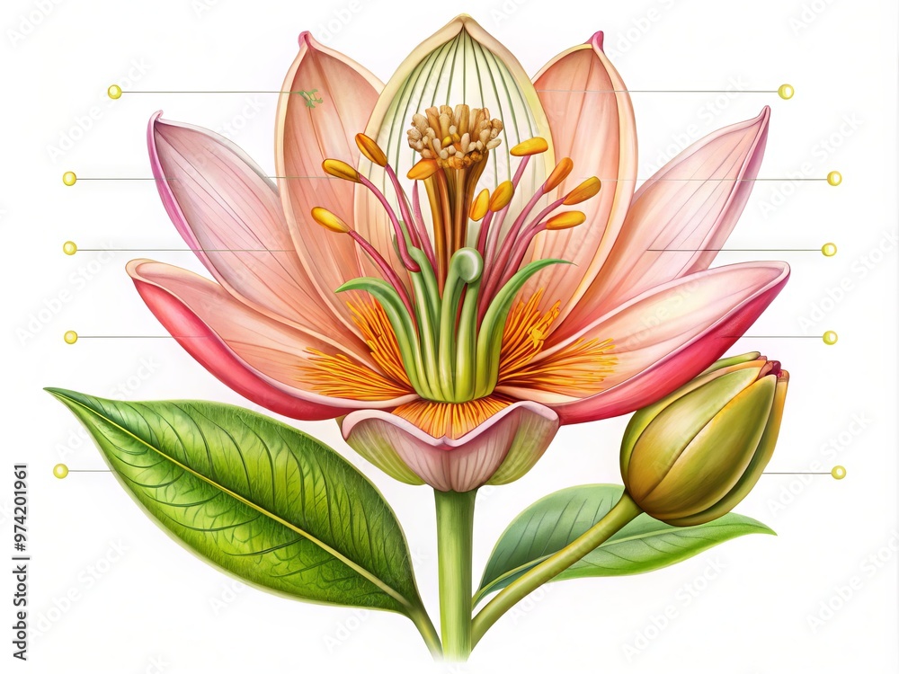 Illustrated botanical diagram of a flower's anatomy, labeling petals ...