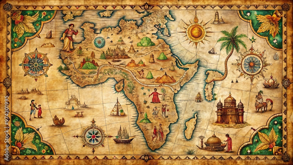 Illustrated ancient Indian map on parchment, depicting intricate ...