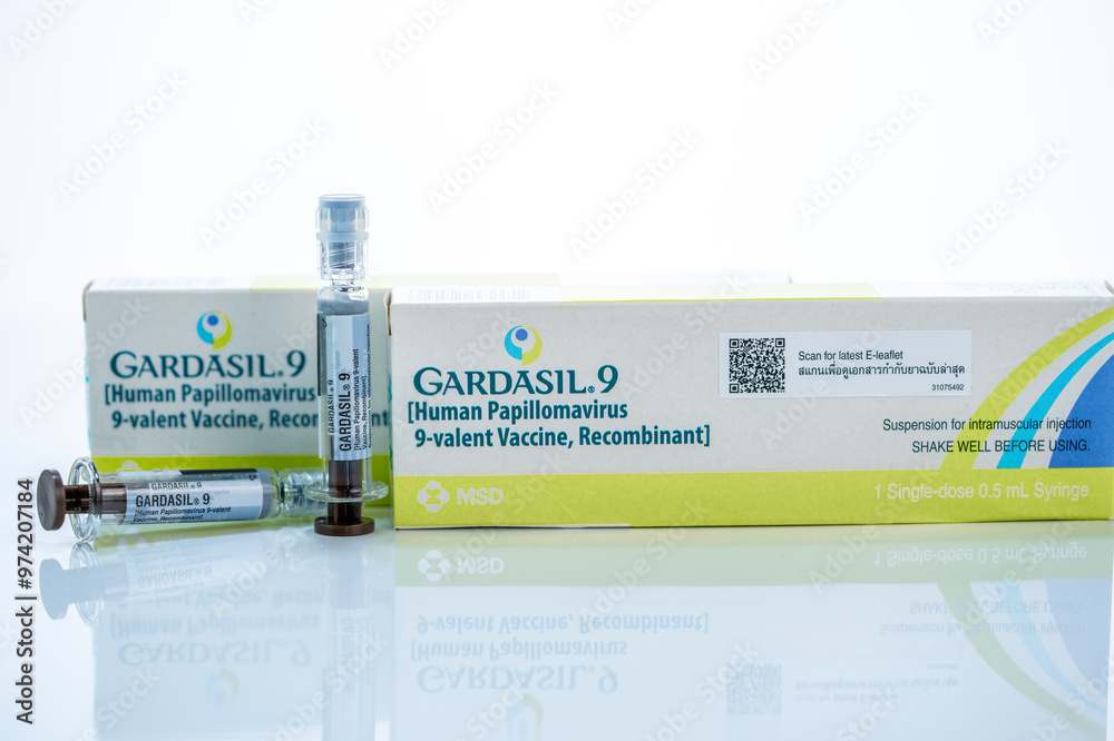 CHONBURI, THAILAND-SEPTEMBER 13, 2024: Gardasil 9 HPV vaccine packaging with prefilled syringe ...