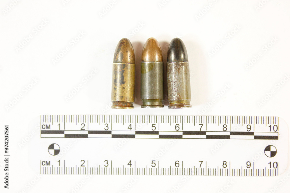 9mm (9x19) Luger pistol cartridges on a white background close-up,with ...