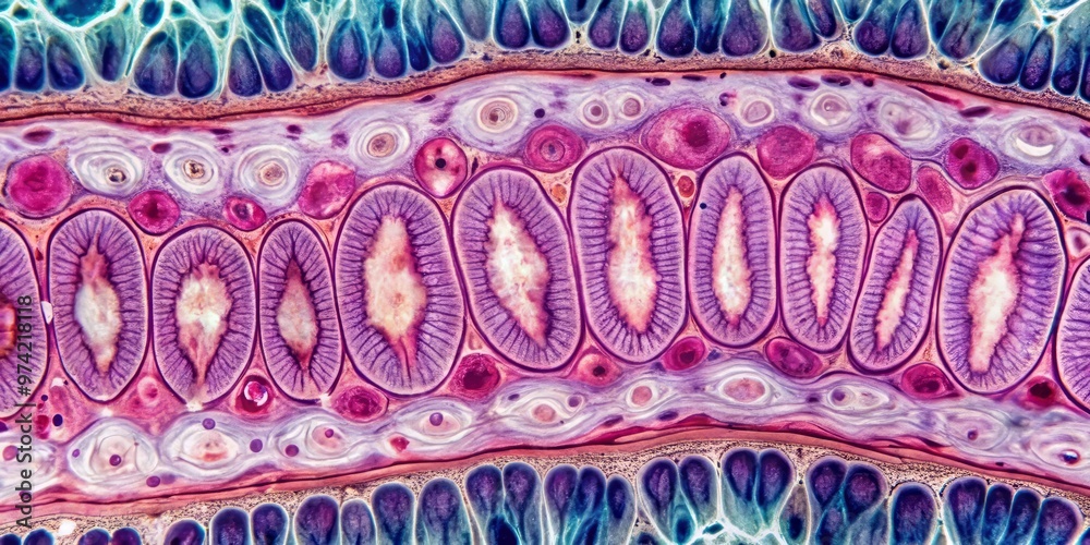 Microscopic image of stratified columnar epithelial tissue, showcasing ...
