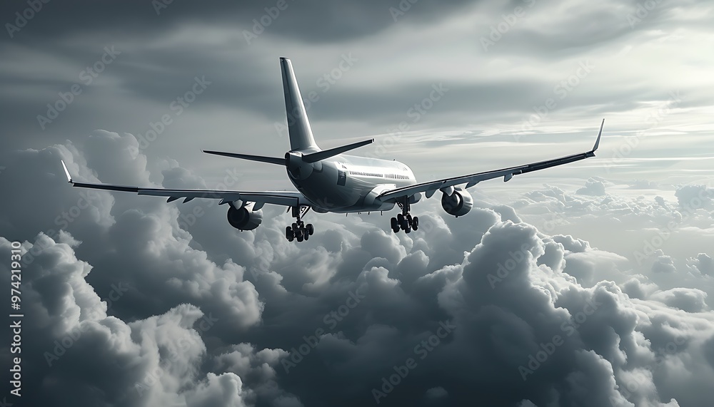 The shocking flying scene of an aircraft in the gray sky, with full ...