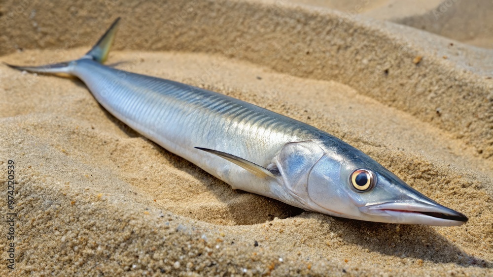 Silvery fish stretches long and slender, partially buried in sandy ...
