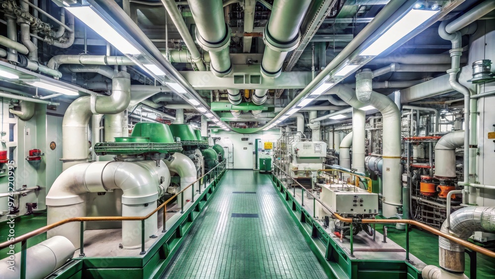 Interior view of a ship engine room with generators and HVAC duct ...