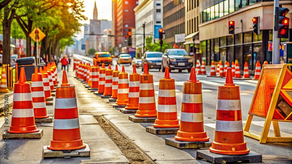 Orange traffic cones and warning signs surround a roadwork zone ...