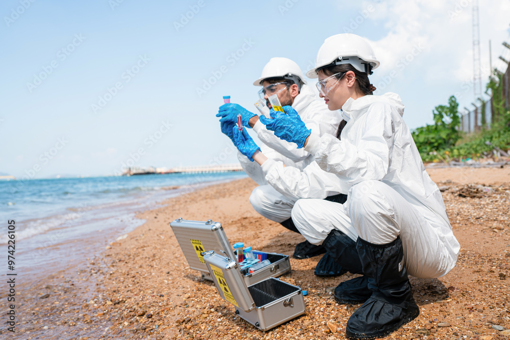 Scientists biologists and researchers in protective suits taking water ...