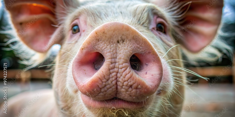 The pig's snout reveals twitching nostrils and a rugged texture, as its ...
