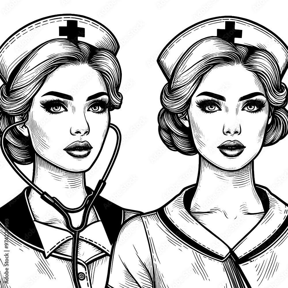 two nurses, one wearing a stethoscope, evoking classic medical imagery ...