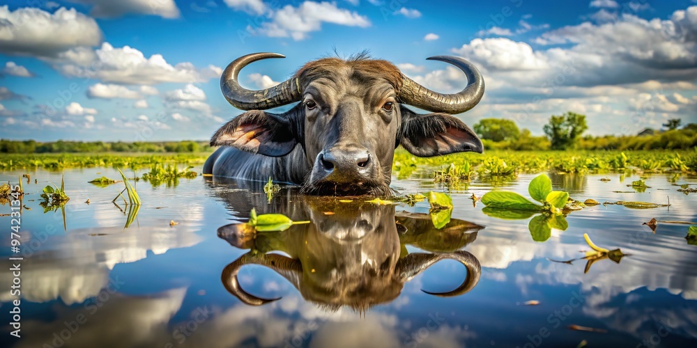 A low-angle perspective captures a massive water buffalo submerged in a ...